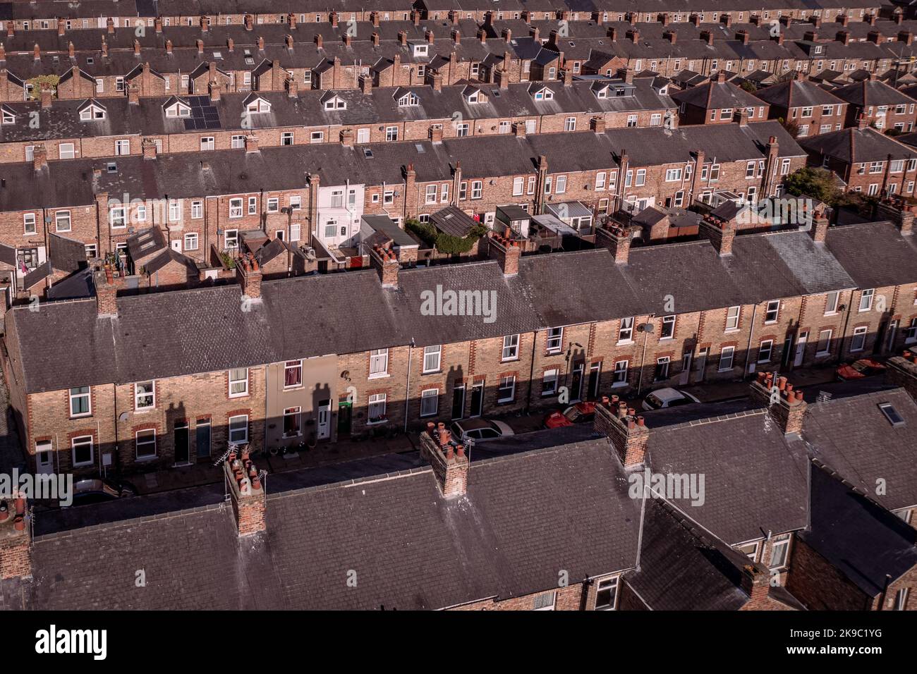 Aerial view of old terraced houses on back to back streets in the ...