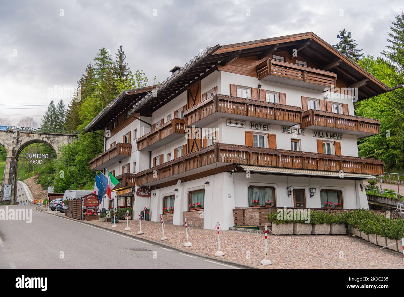An empty street in summer in the resort town of Cortina, Italy Stock ...