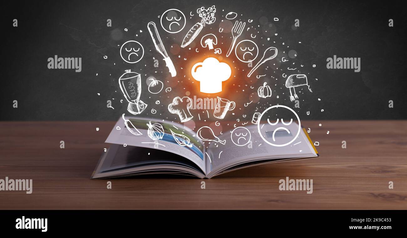Open recipe book with food related icons above Stock Photo - Alamy