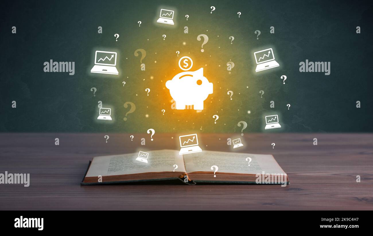 Open book with business icons above Stock Photo - Alamy