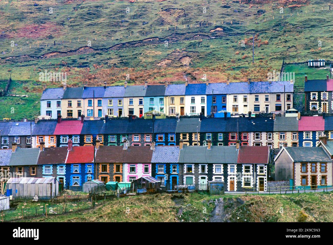 Rows of colourful terraced houses in the Rhondda Fach valley in south ...