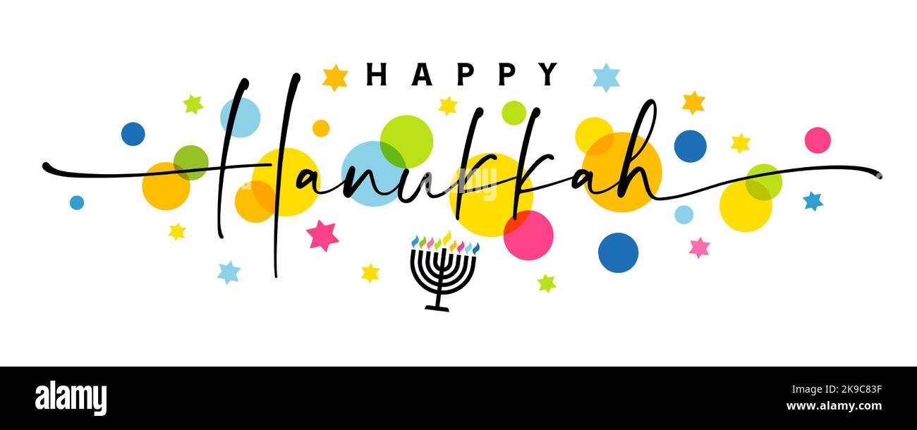 Happy Hanukkah, greetings banner with elegant lettering and colored ...