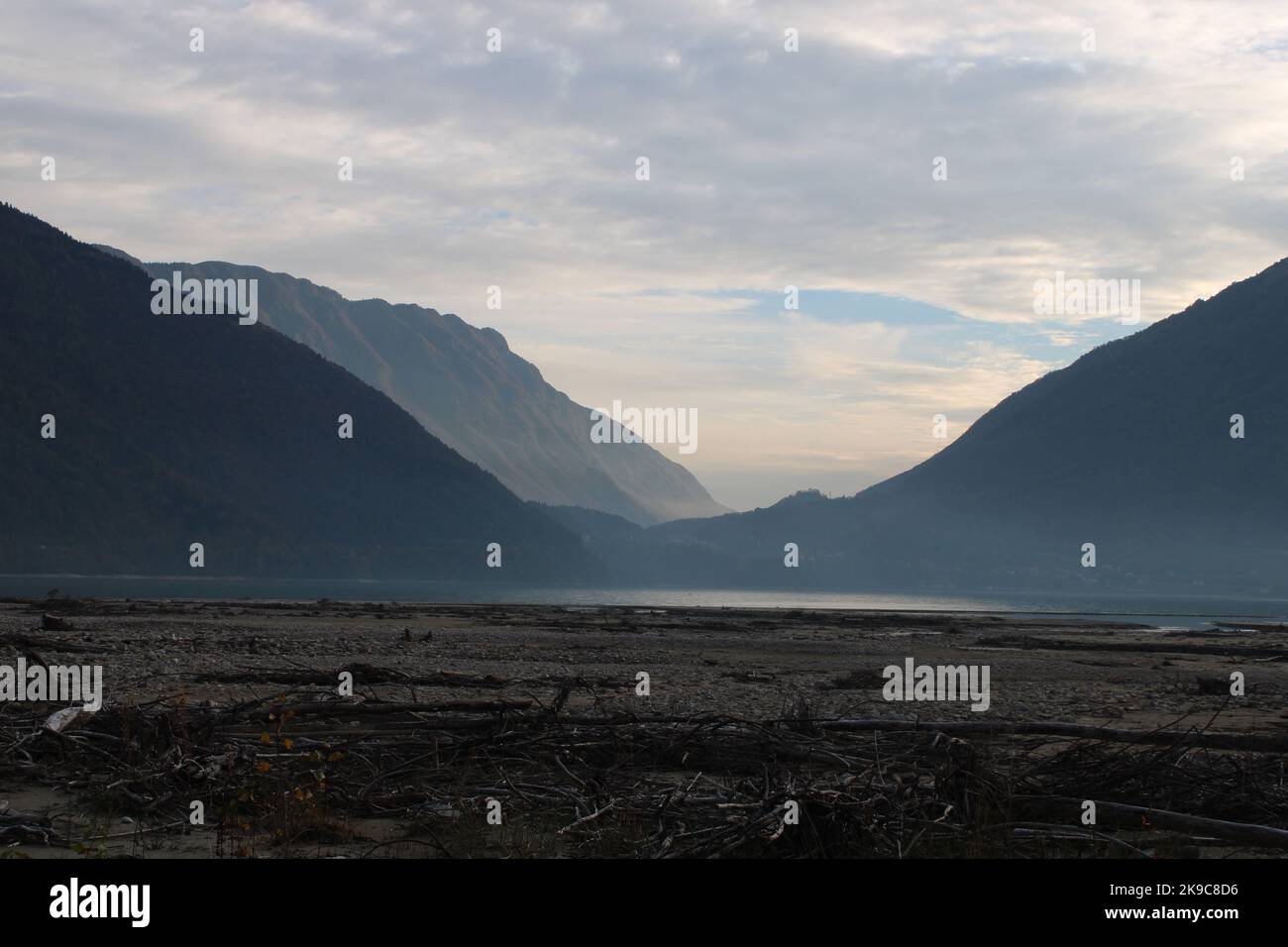 Cloudy and dull day at the Santa Croce Lake after Vaia storm in autumn ...