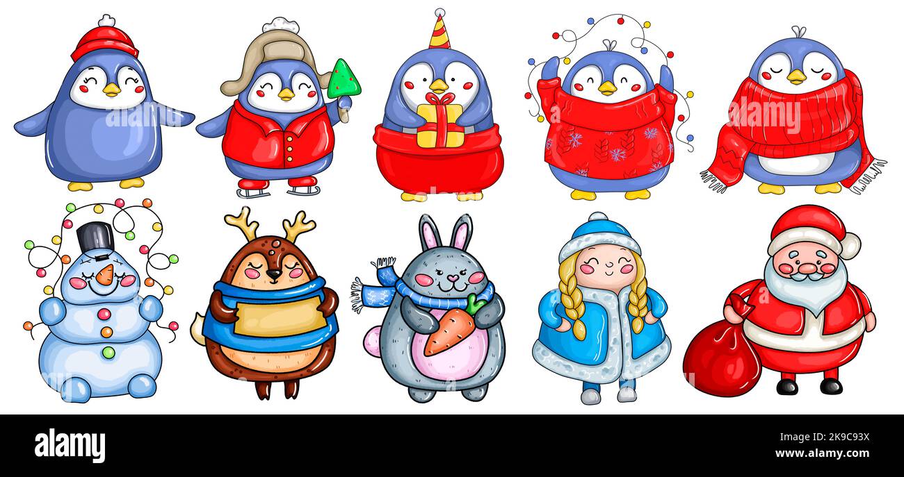 New Year's and Christmas illustration. Children's characters: snowman ...