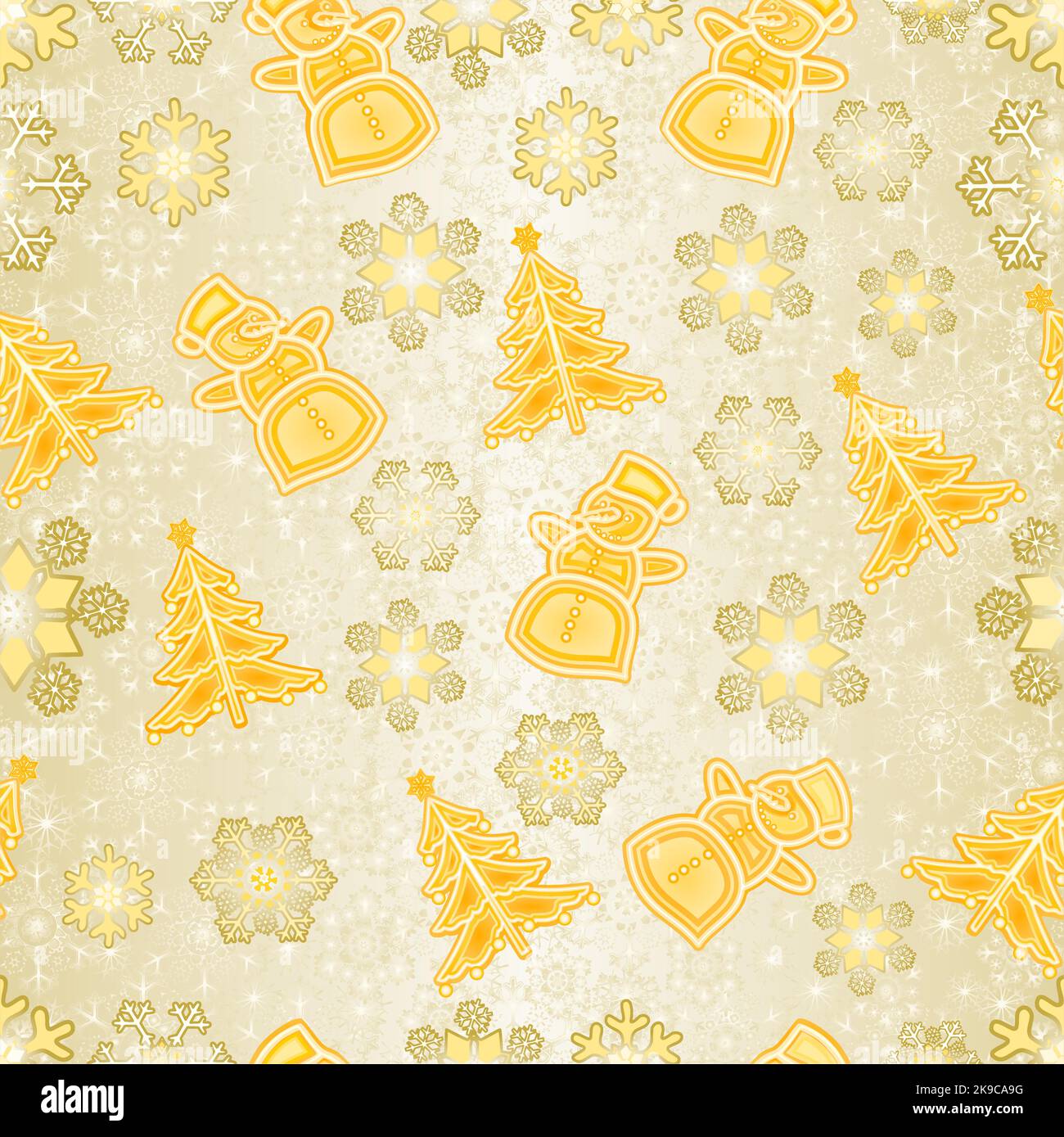 Seamless texture golden Christmas decorations snowman and snowflakes ...
