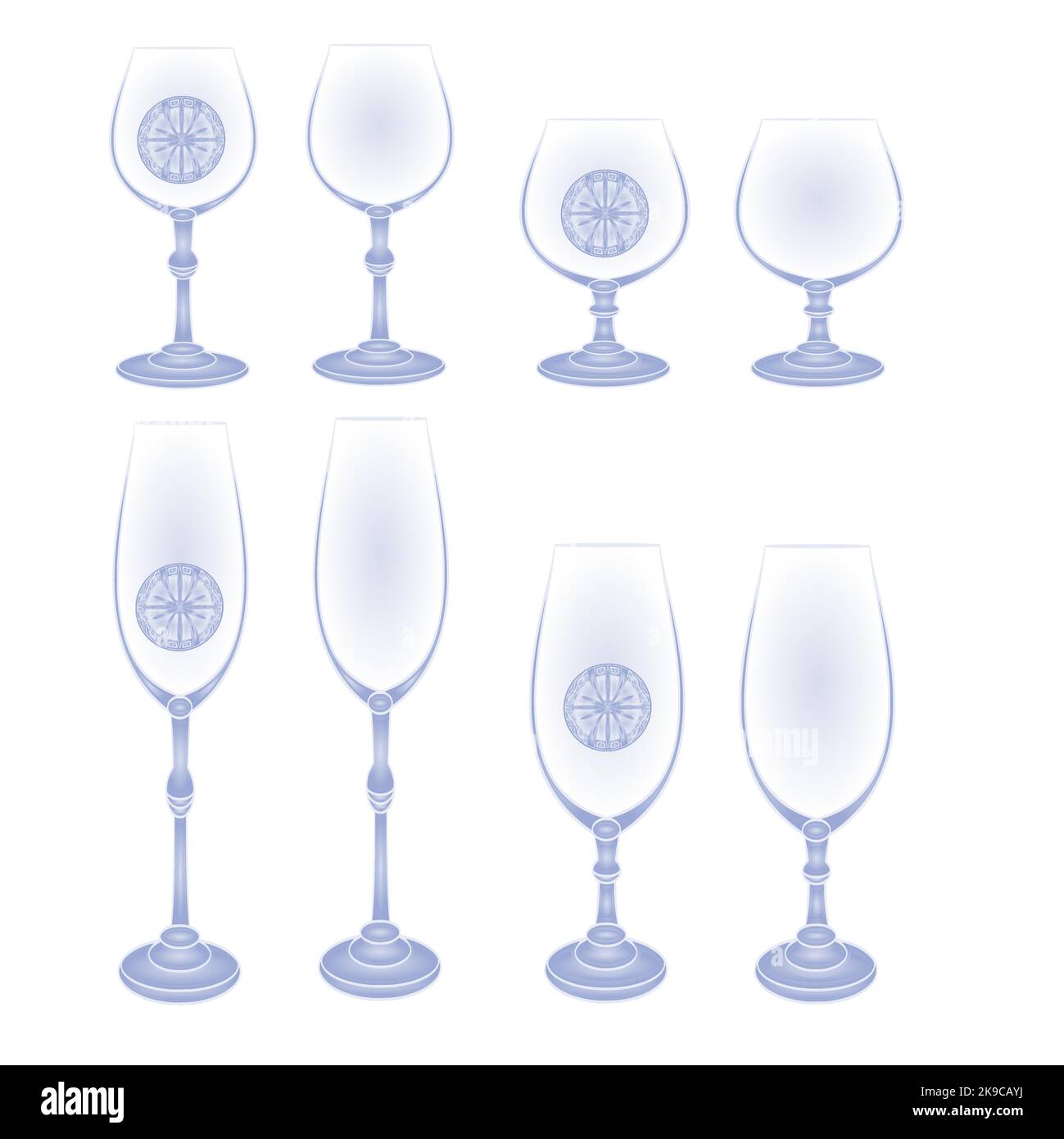 Glasses of champagne and cognac glass blue vintage vector illustration ...