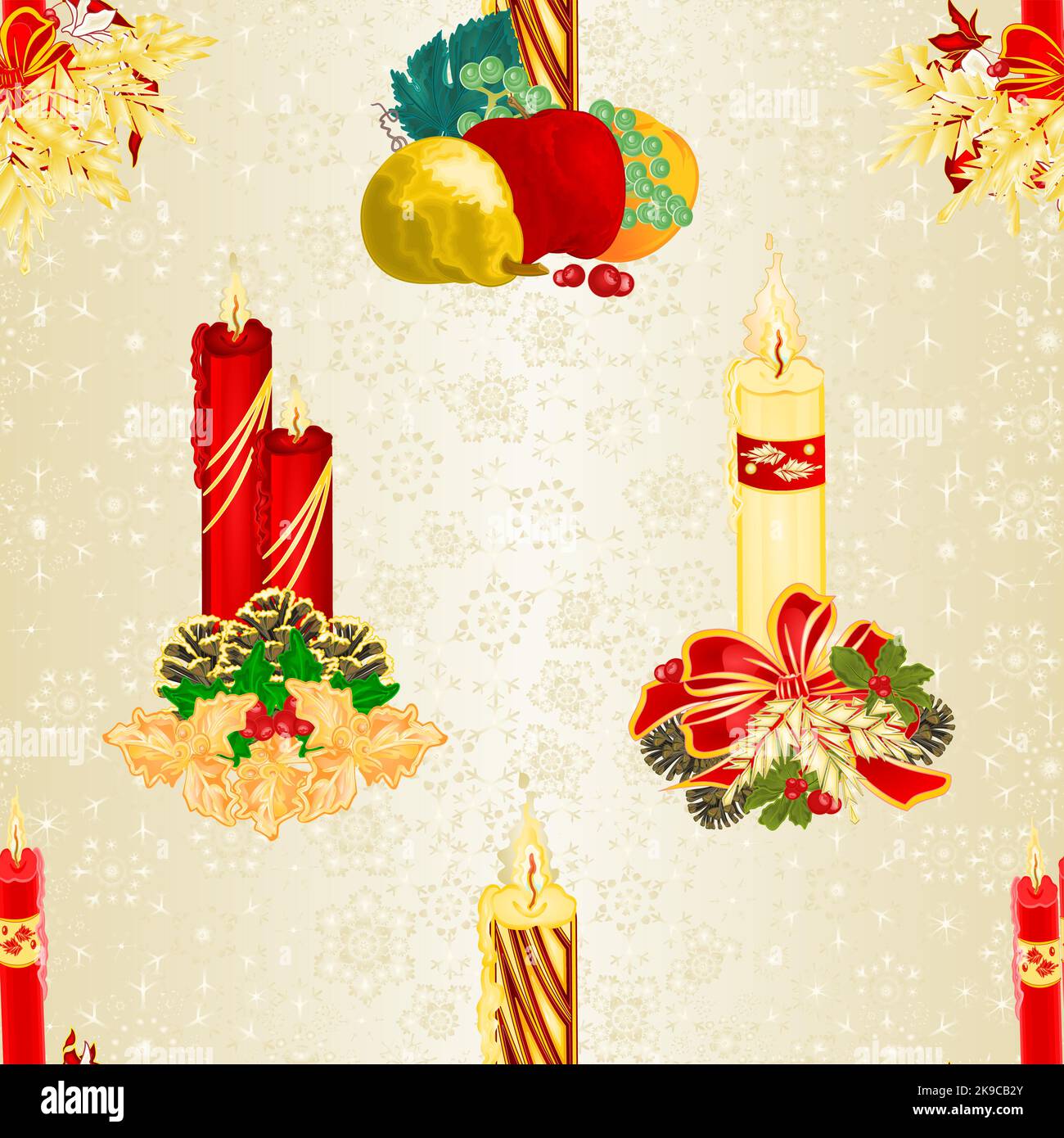 Seamless texture Christmas candlelights with pine cones and holy and ...