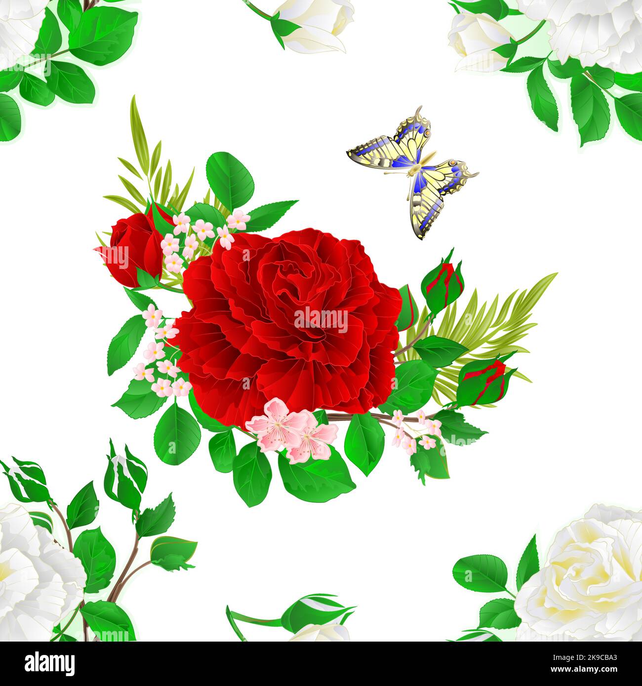 Seamless texture flower white and red roses and buds and a butterfly vintage festive background ...