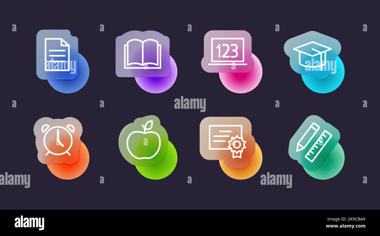 Education icons set in glassmorphic style. Transparent blur glass ...