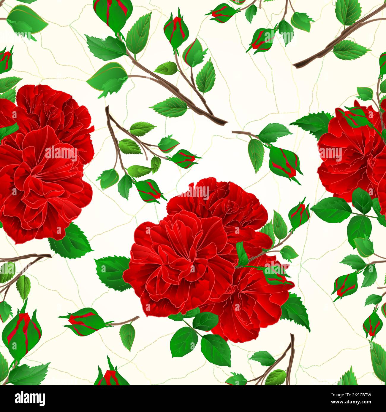 Seamless texture buds red roses and buds cracks in the porcelain vintage vector illustration ...
