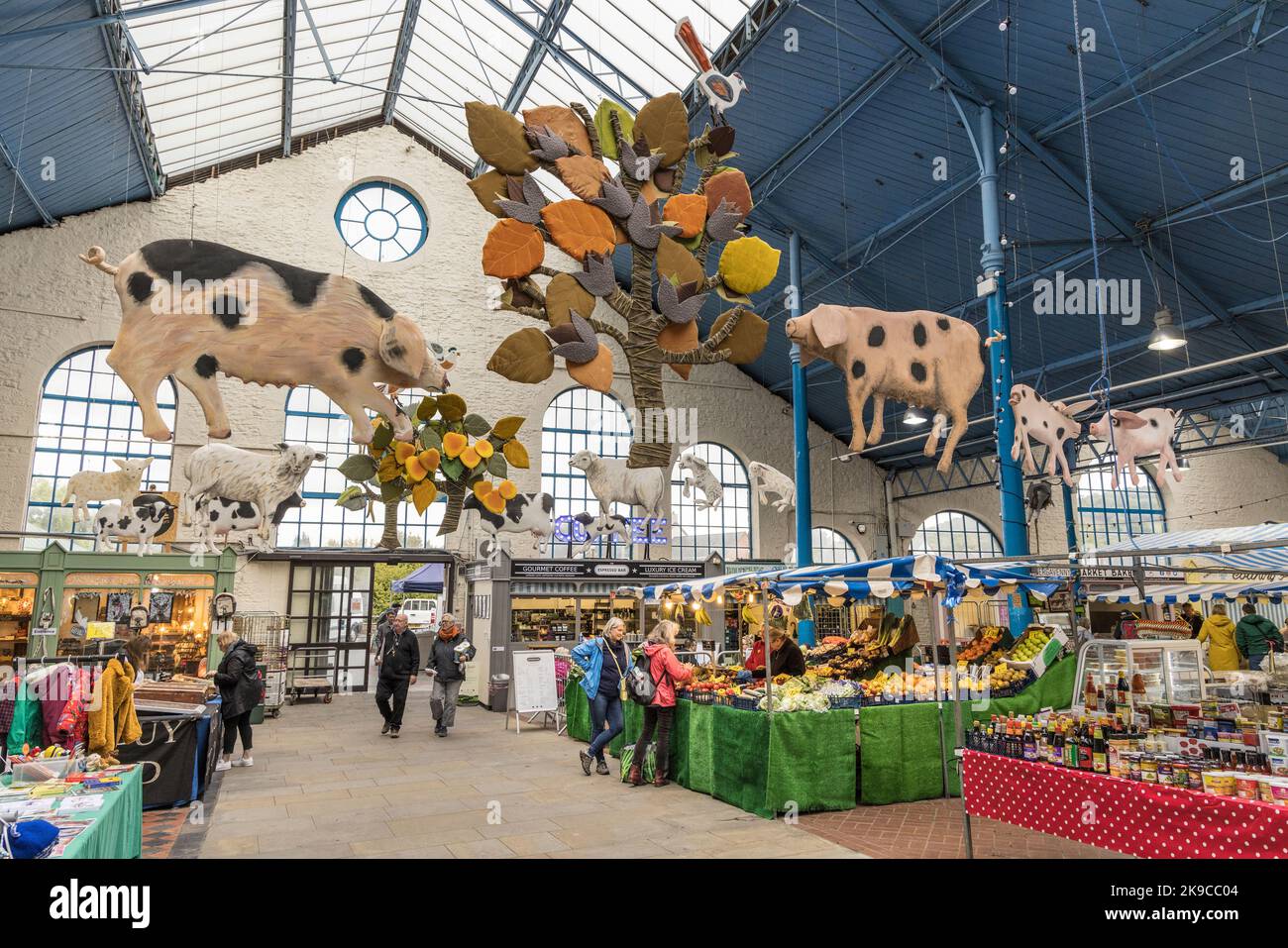 Indoor market with hanging art, Abergavenny, Wales, UK Stock Photo - Alamy