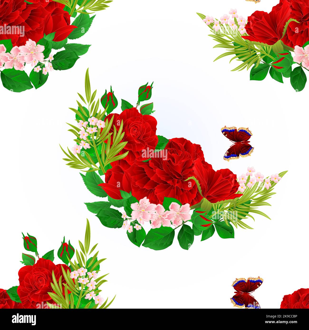 Seamless texture floral red Roses and butterfly vintage festive background vector illustration ...