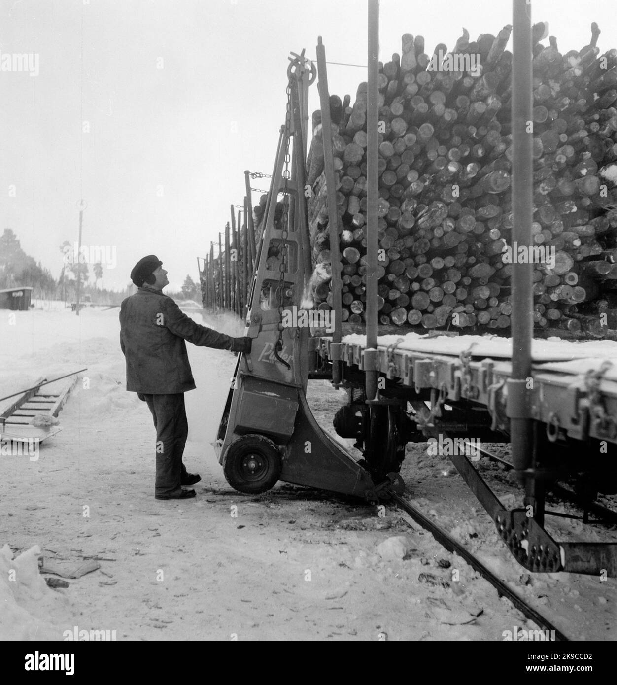 Loading of timber from truck to freight wagon with puller timber ...