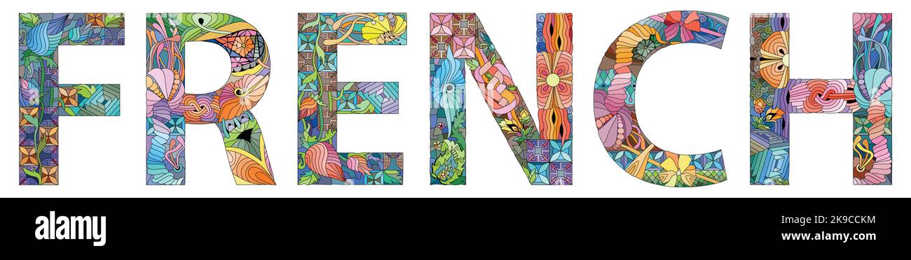 Hand-painted art design. Hand drawn illustration word FRENCH for t ...