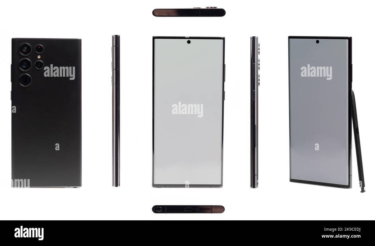 Different views of black modern smartphone with camera set isolated on ...