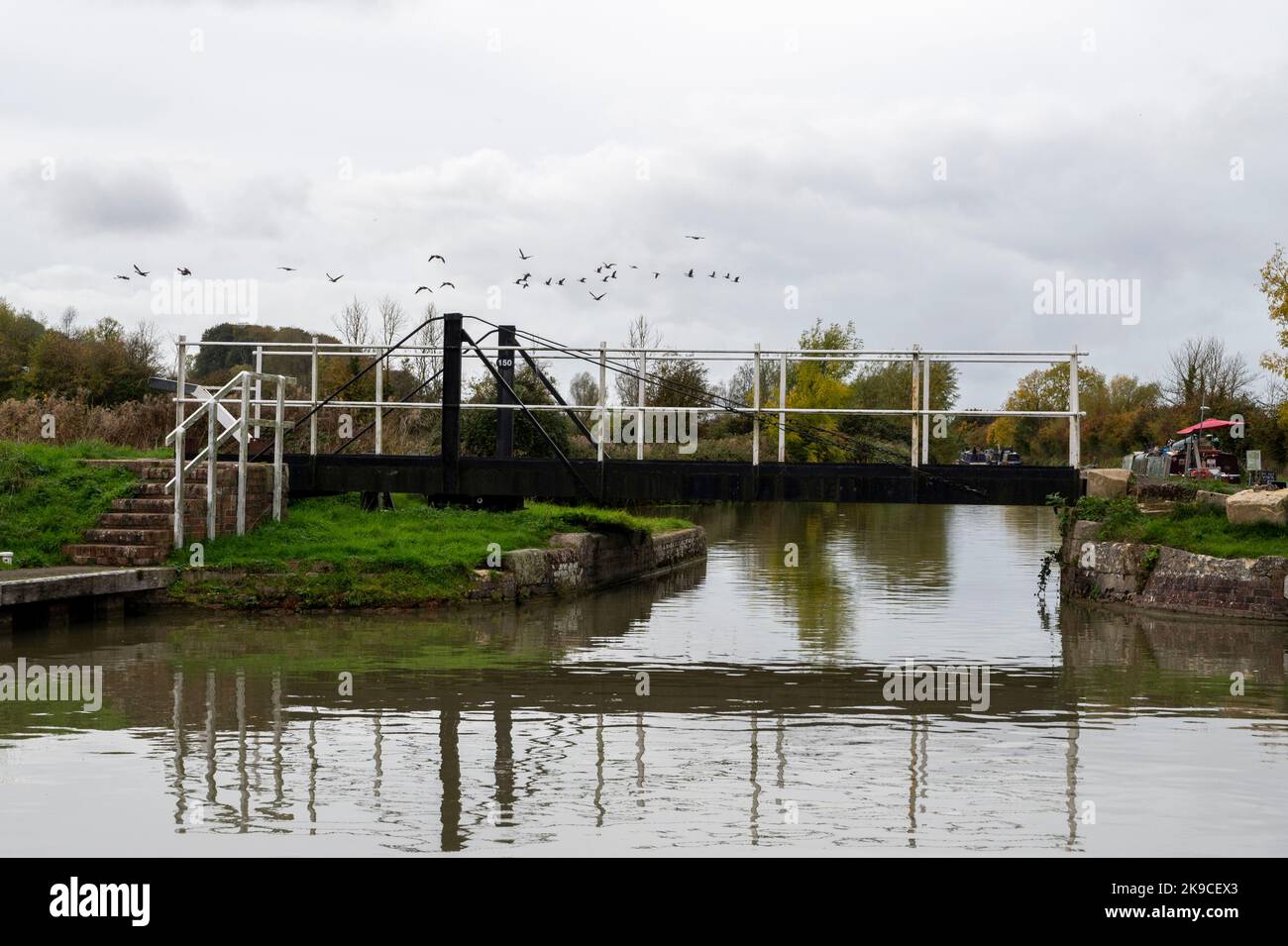 The swing bridge at Sells Green, Wiltshire, UK in autumn with a flock ...