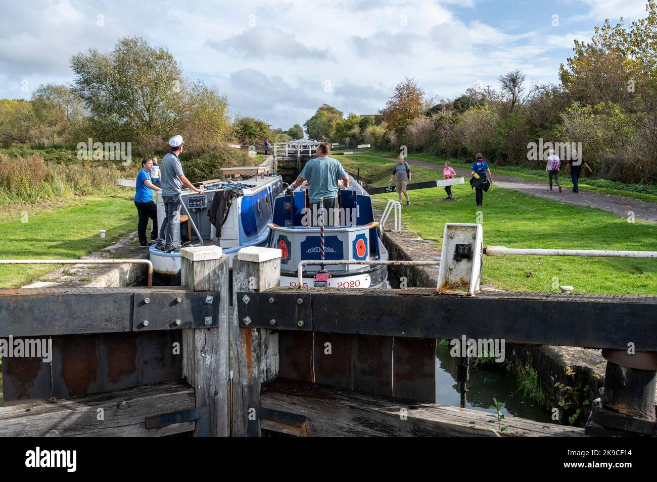 Caen Hill Locks on the Kennet and Avon Canal with lock gates and narrow ...