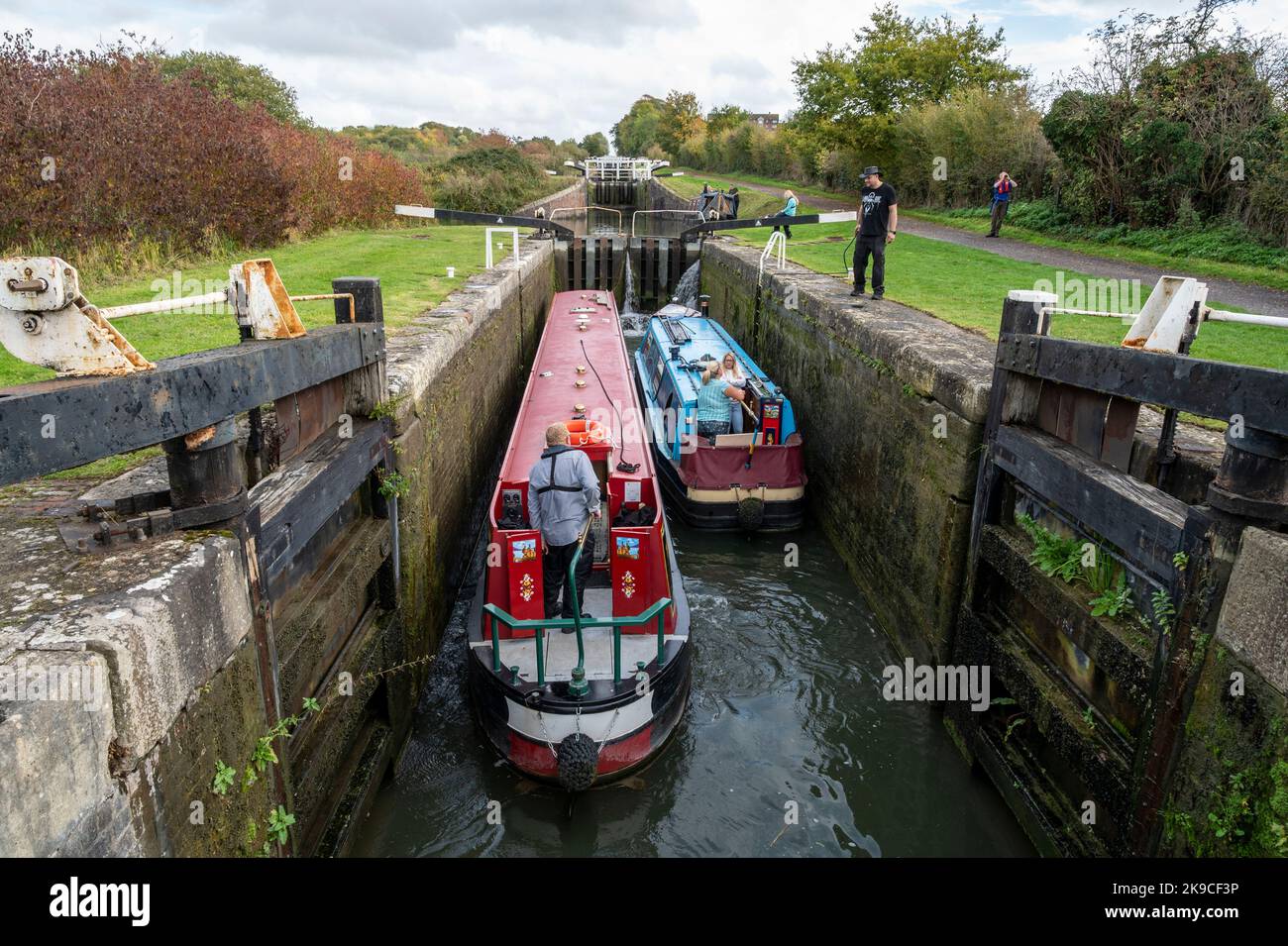 Caen Hill Locks on the Kennet and Avon Canal with lock gates and narrow ...