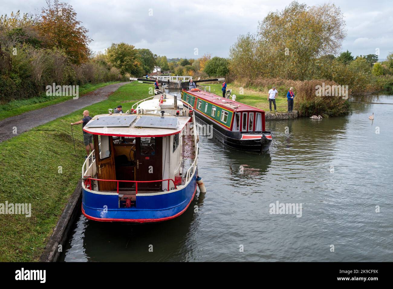 Caen Hill Locks on the Kennet and Avon Canal with lock gates and narrow ...