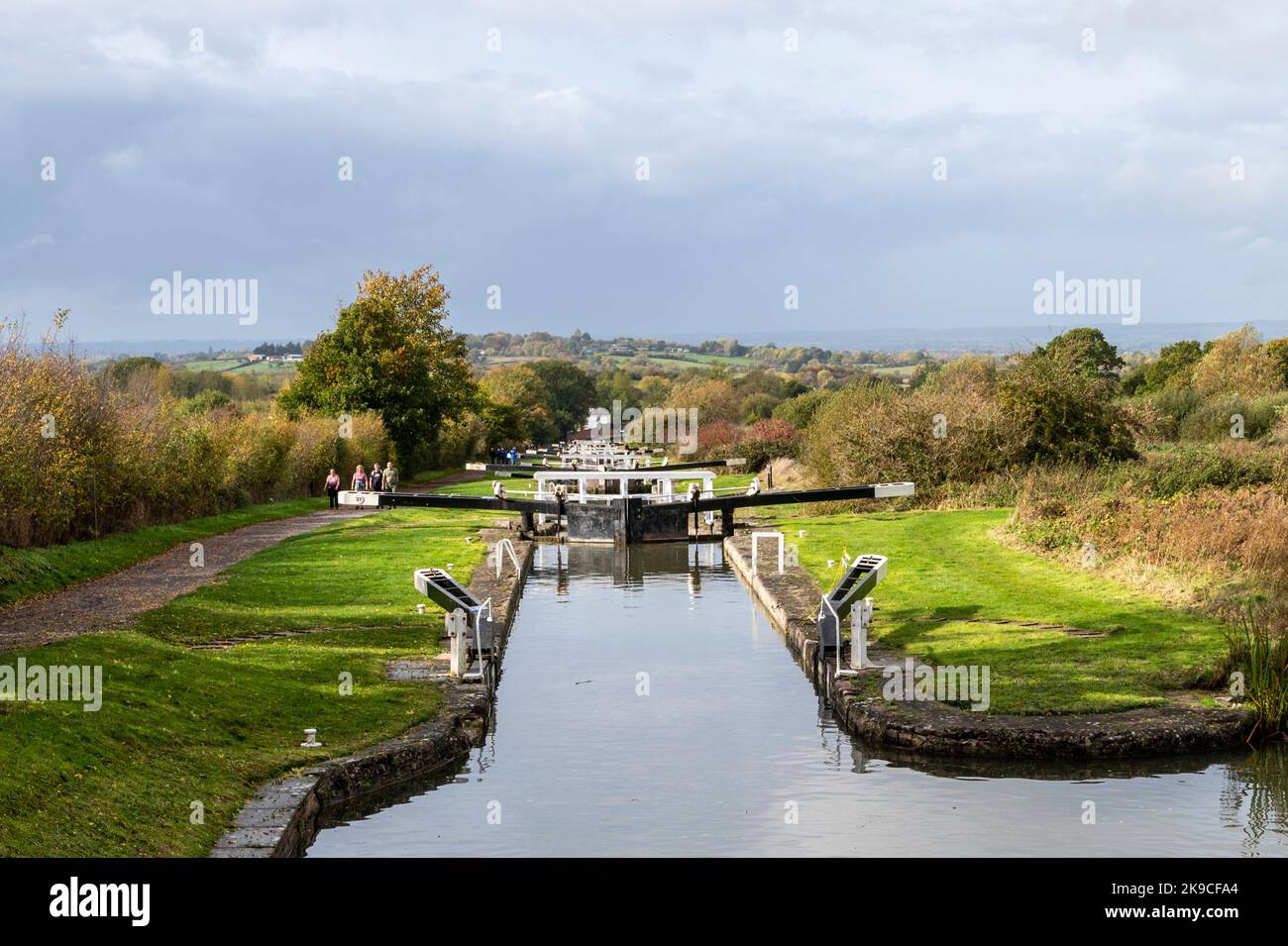 Caen Hill Locks on the Kennet and Avon Canal with lock gates. Looking ...