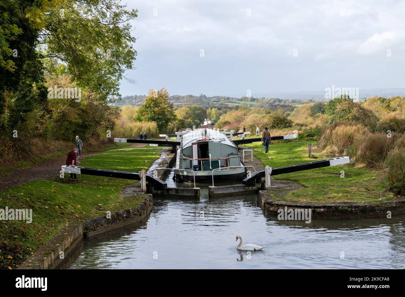Caen Hill Locks on the Kennet and Avon Canal with lock gates and narrow ...