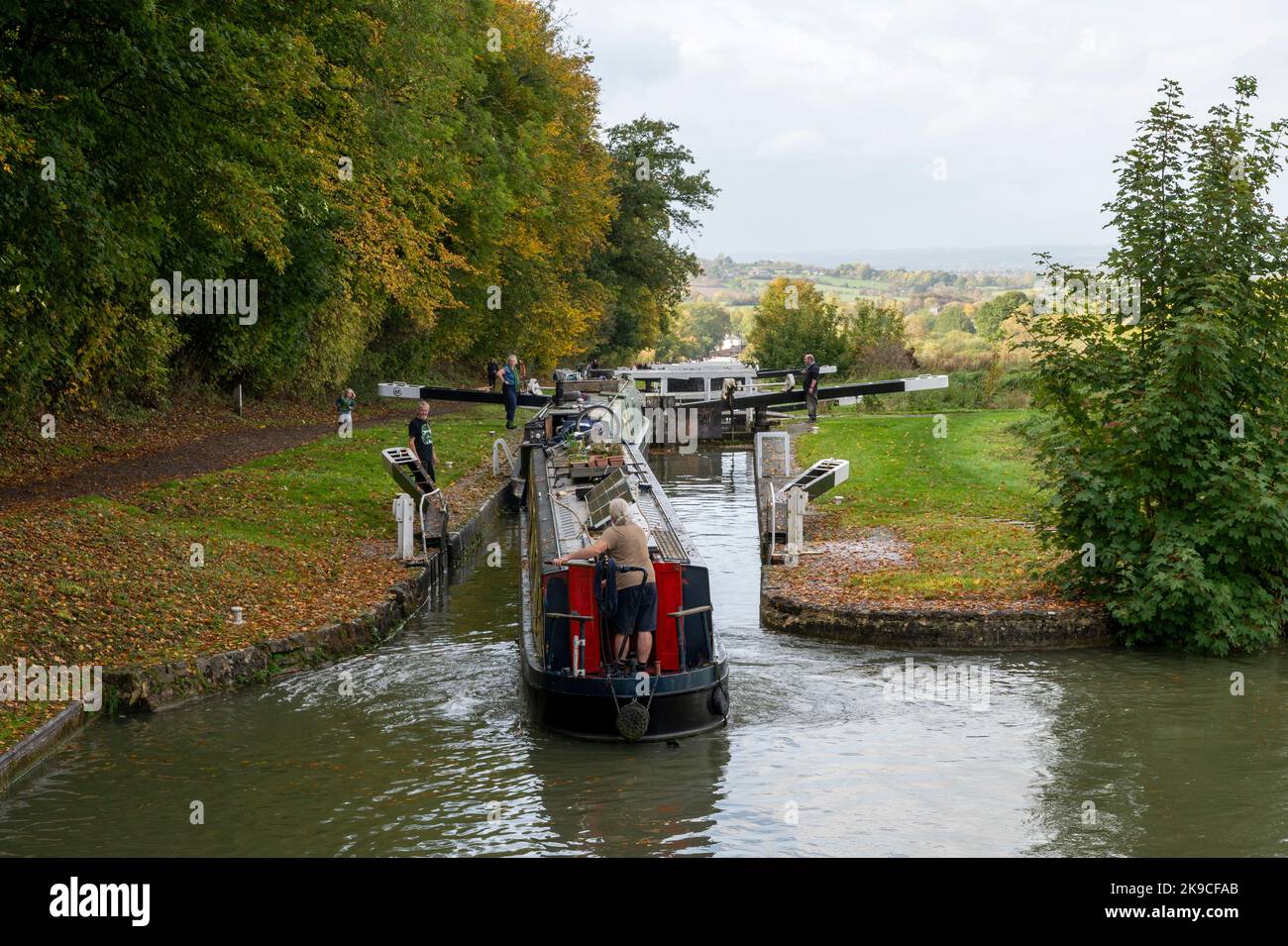 Caen Hill Locks on the Kennet and Avon Canal with lock gates and narrow ...