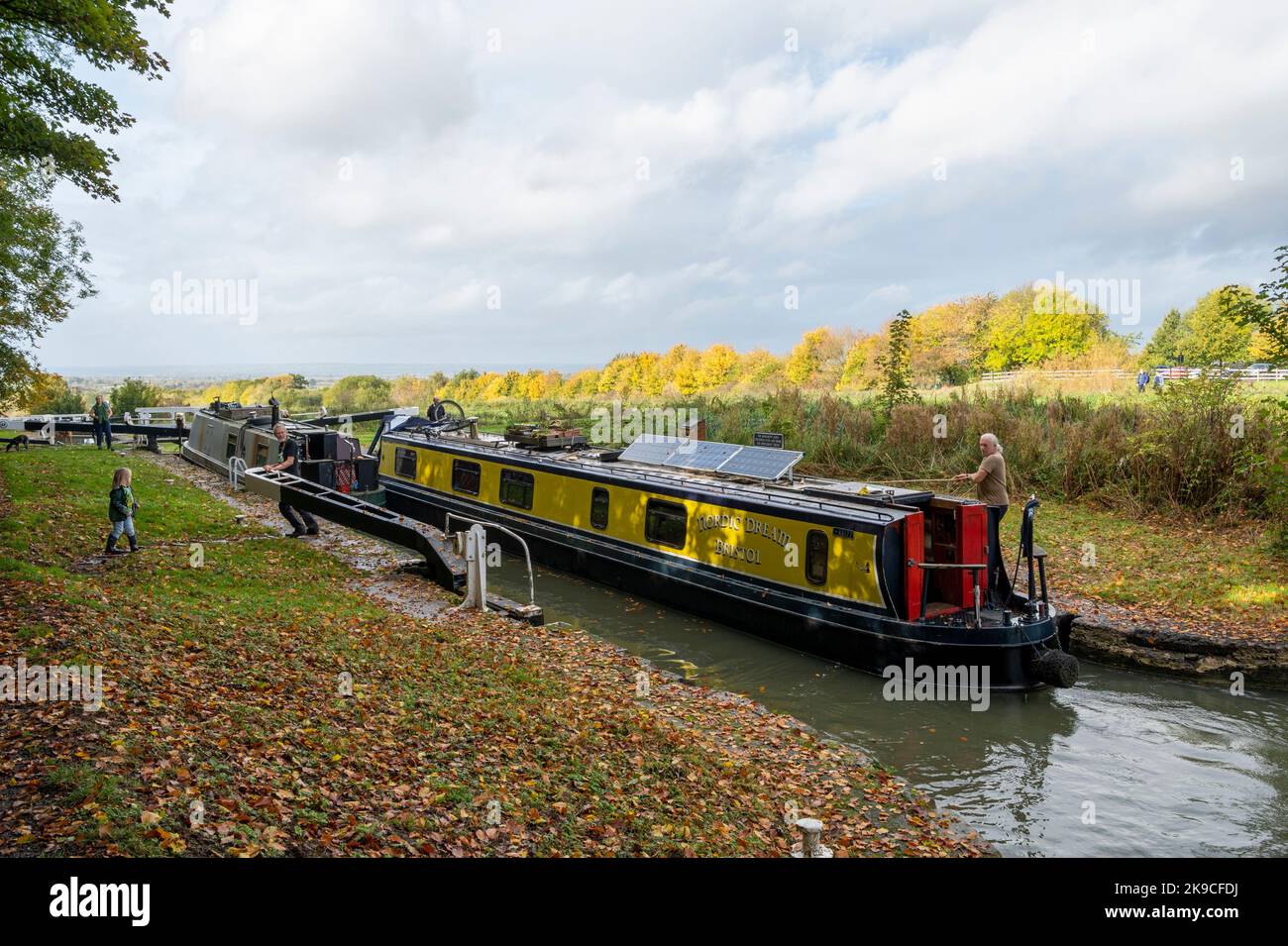 Caen Hill Locks on the Kennet and Avon Canal with lock gates and narrow ...