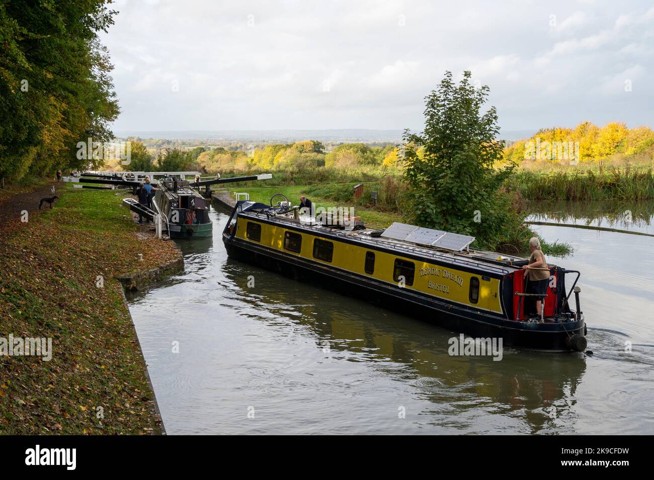 Caen Hill Locks on the Kennet and Avon Canal with lock gates and narrow ...