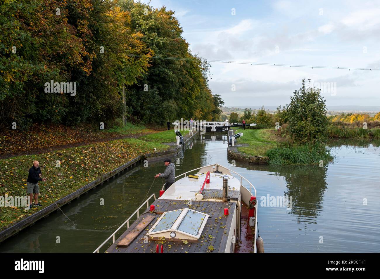Caen Hill Locks on the Kennet and Avon Canal with lock gates and narrow ...