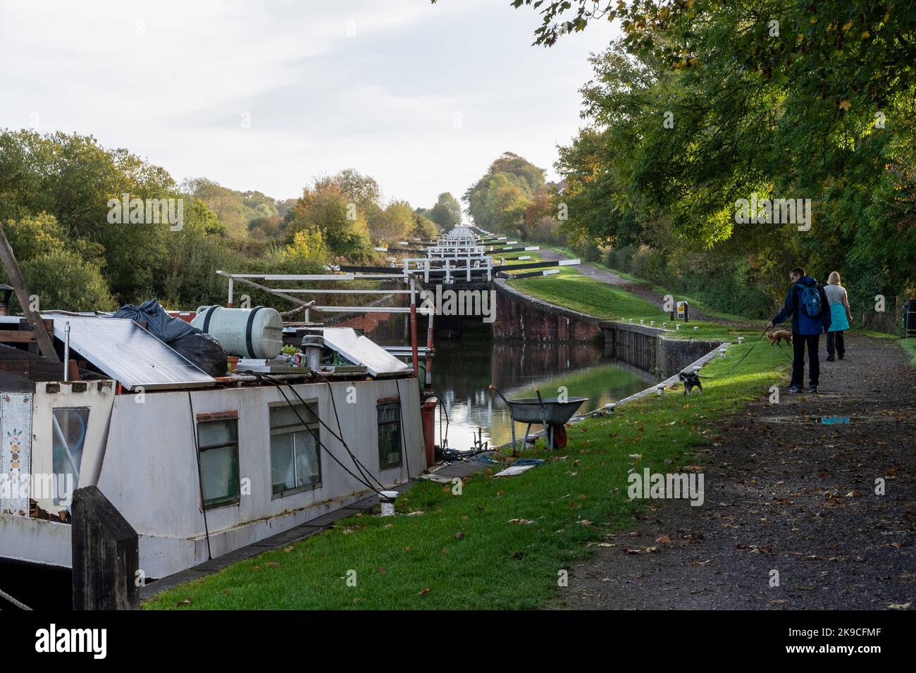 Caen Hill Locks on the Kennet and Avon Canal with lock gates and narrow ...