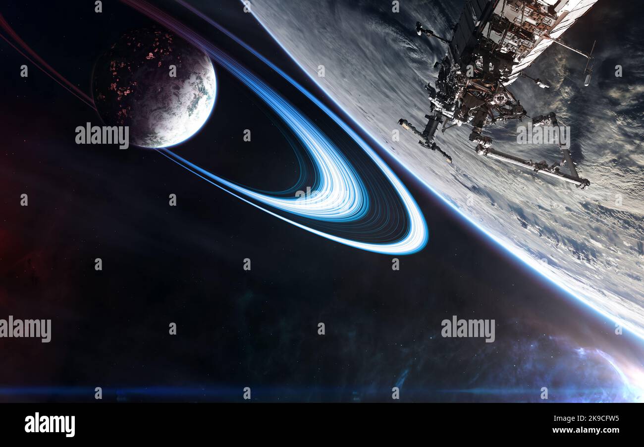 Deep space planets, orbiting space station Stock Photo - Alamy