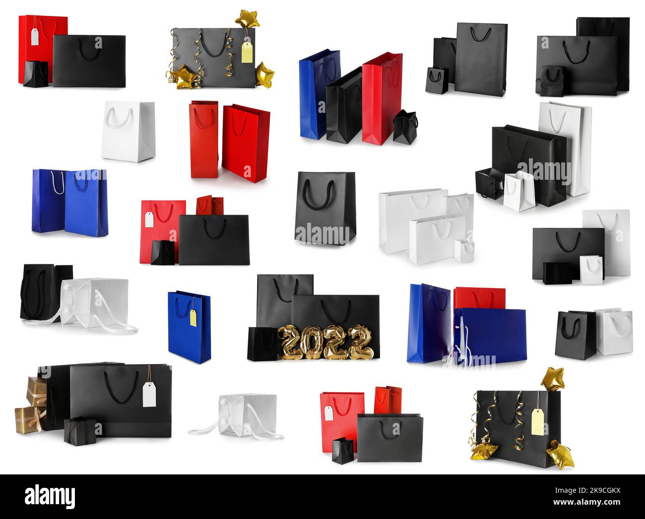 Collage of shopping paper bags on white background. Concept of Black ...