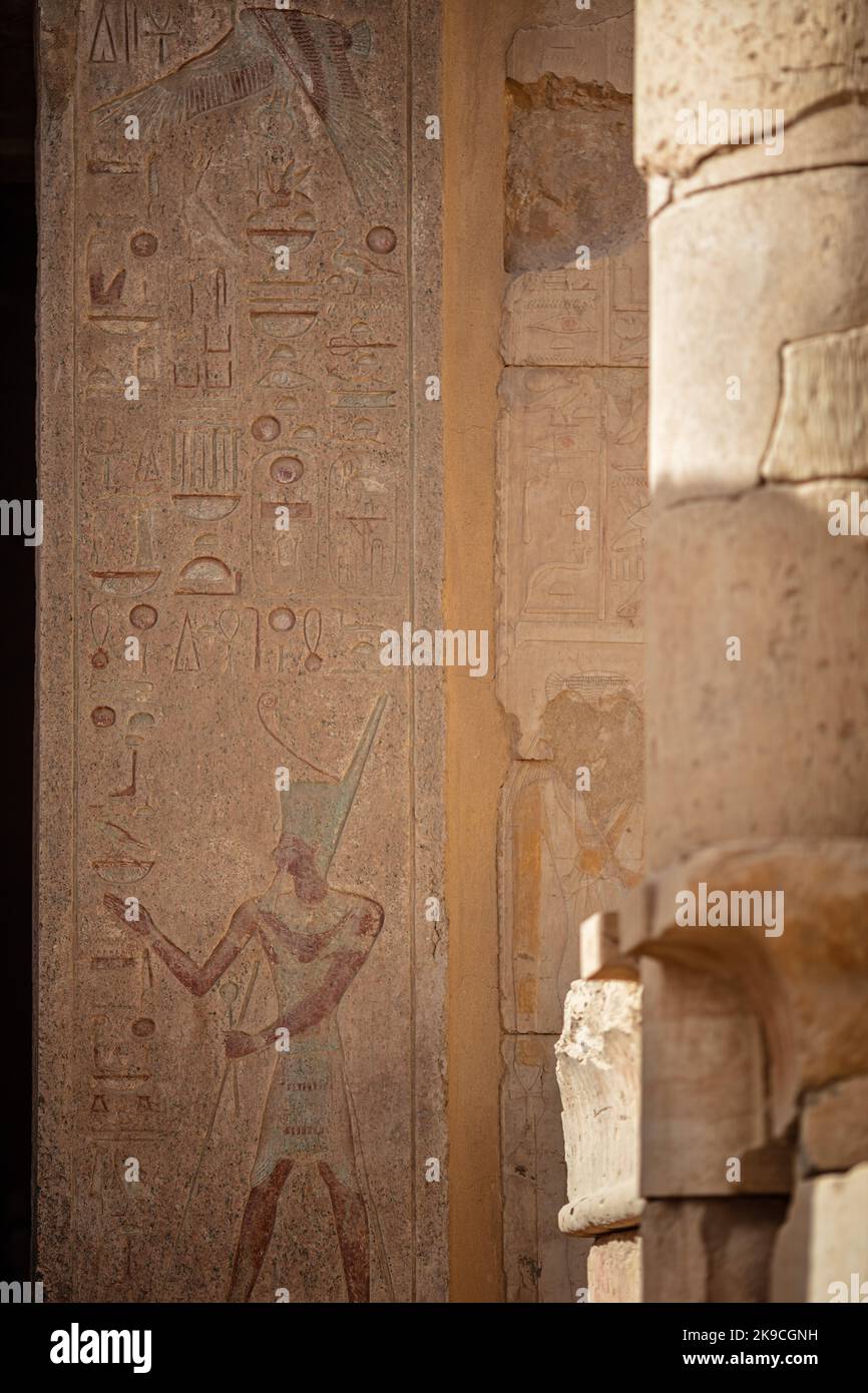 Beautiful mural, hieroglyphs inside the temple of Hatshepsut. Jeser ...
