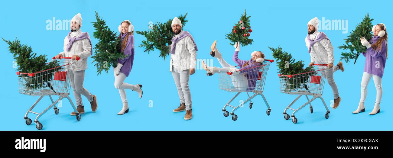 Set of people with Christmas trees on light blue background Stock Photo ...