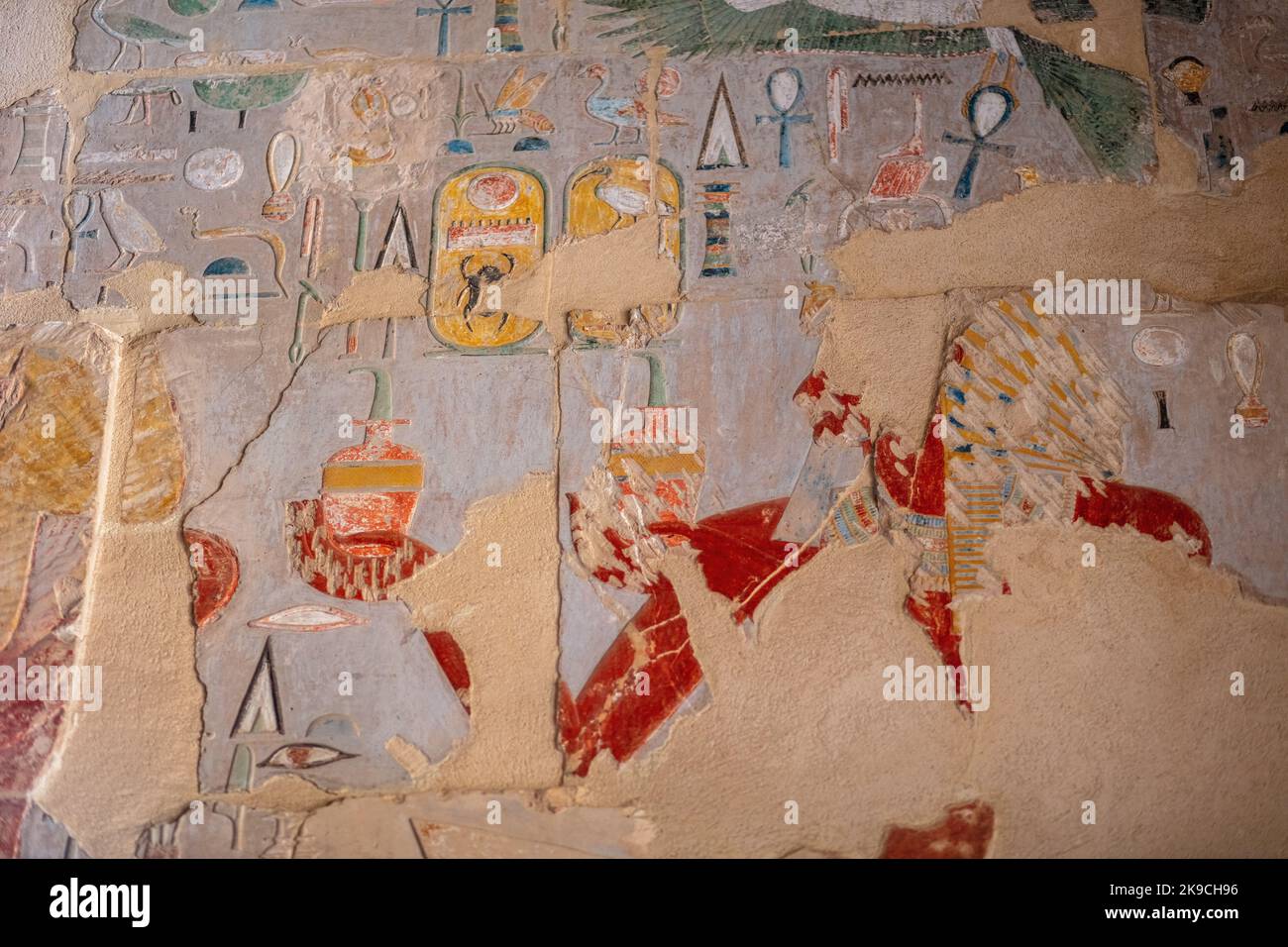 Beautiful mural, hieroglyphs inside the temple of Hatshepsut. Jeser ...