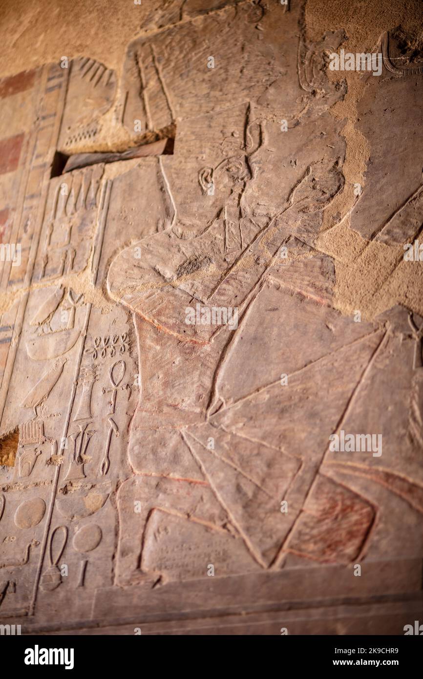 Beautiful mural, hieroglyphs inside the temple of Hatshepsut. Jeser ...