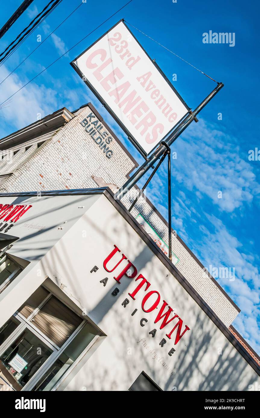 Uptown Fabricare storefront in Portland, Oregon. Oblique angle is shown ...
