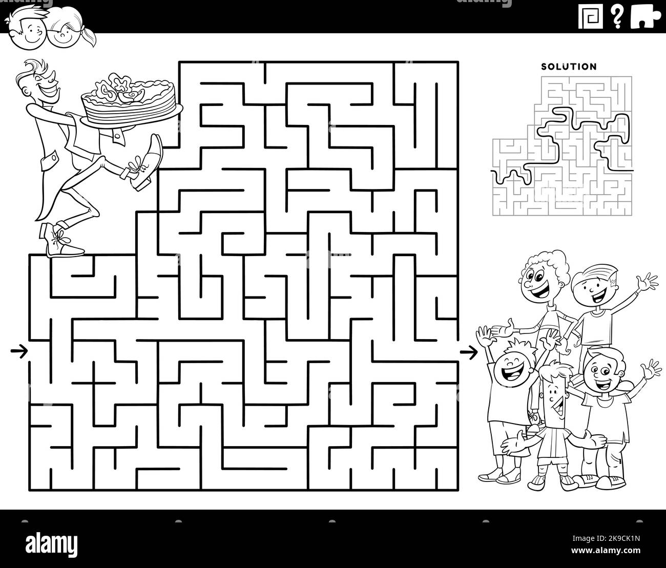 Black and white cartoon illustration of educational maze puzzle game ...