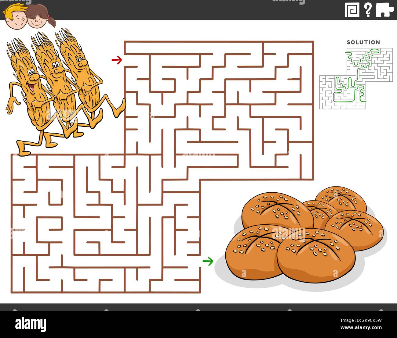 Cartoon illustration of educational maze puzzle game for children with ears of grain and bread ...