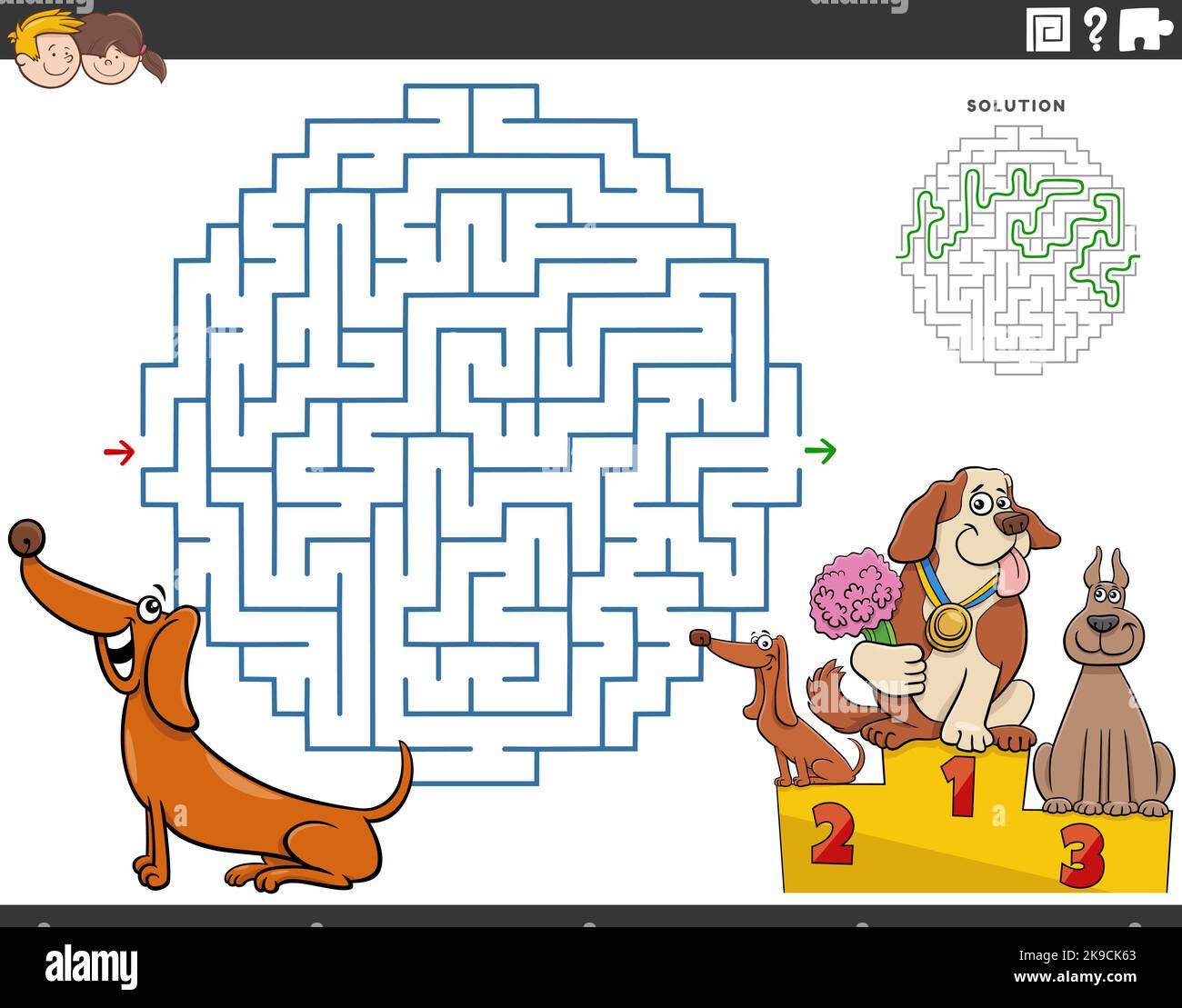 Cartoon illustration of educational maze puzzle game for children with ...