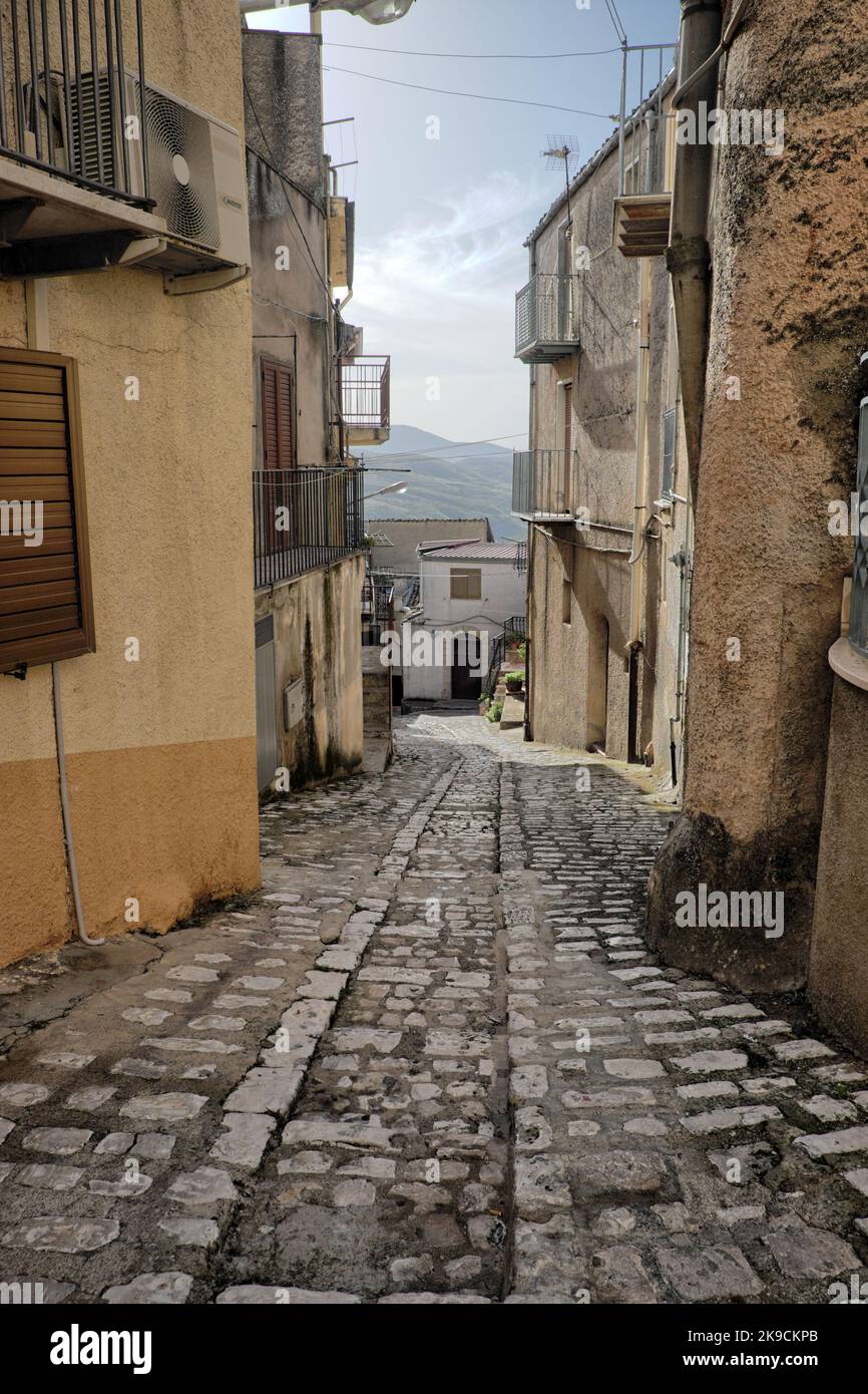 medieval cobbled street of Prizzi in Western Sicily, Italy Stock Photo ...