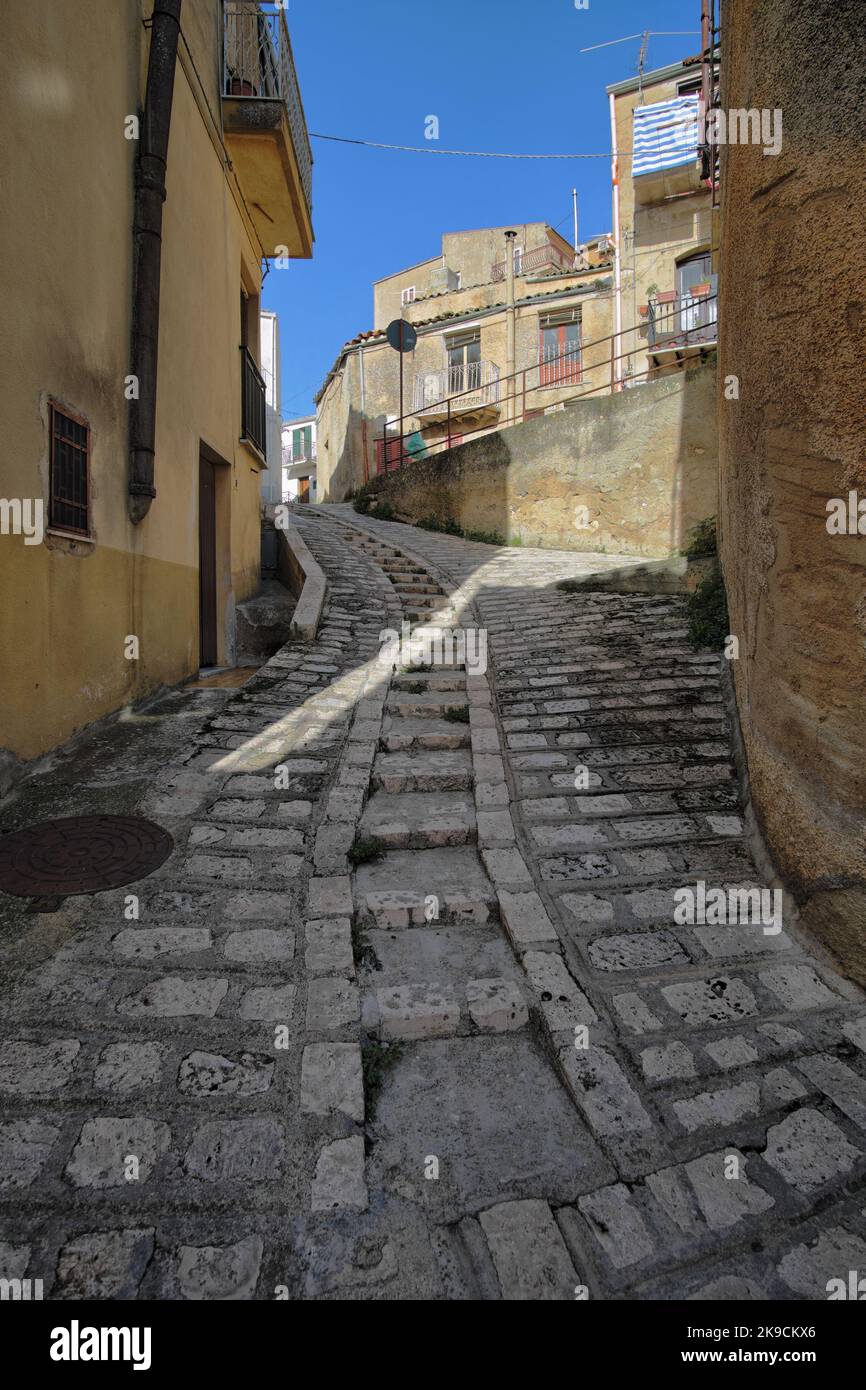 medieval cobbled street of Prizzi in Western Sicily, Italy Stock Photo ...