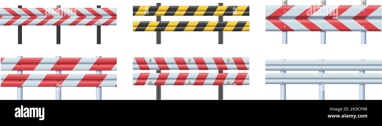 Guard rails. Highway roadside barrier, striped caution guardrail and ...