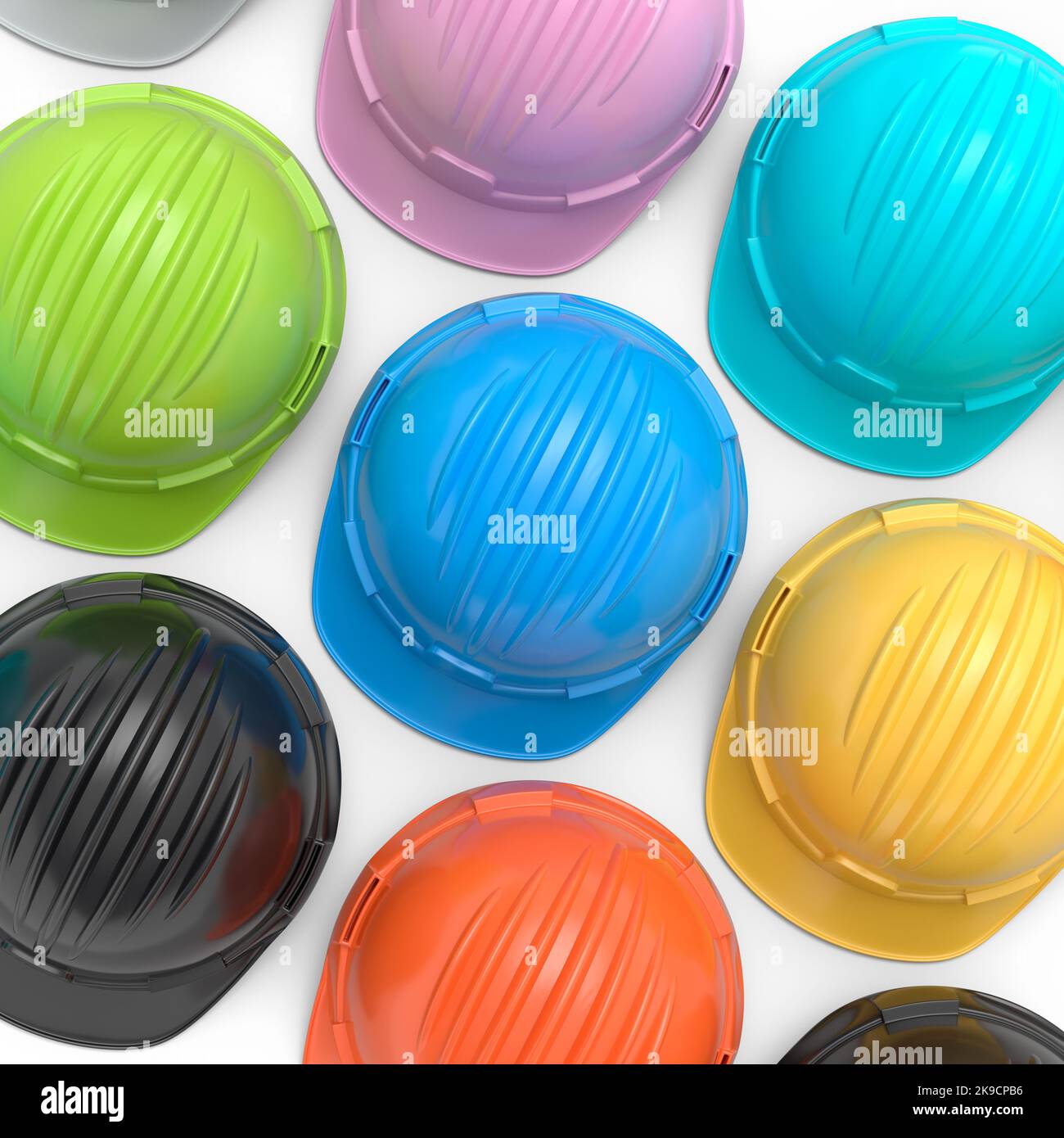 Set of safety helmets or hard caps on white background. 3d render and ...