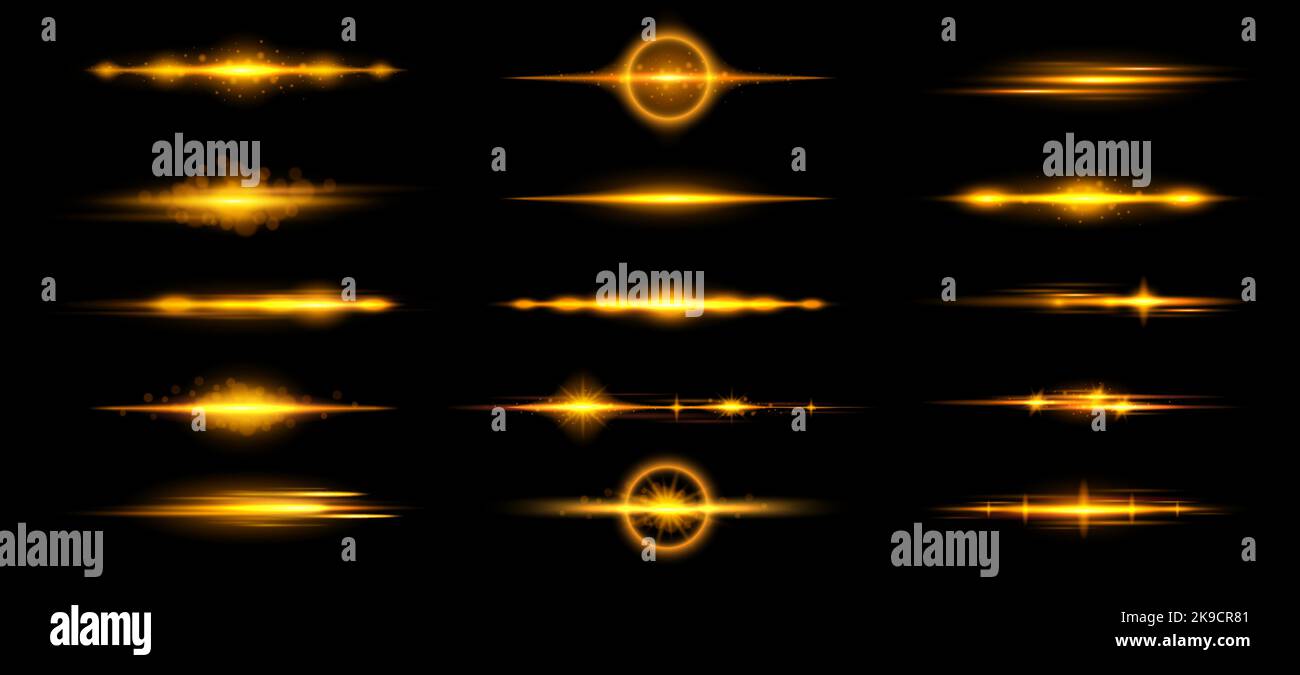Yellow lens flares. Horizontal light beam, golden glow streaks and warm ...
