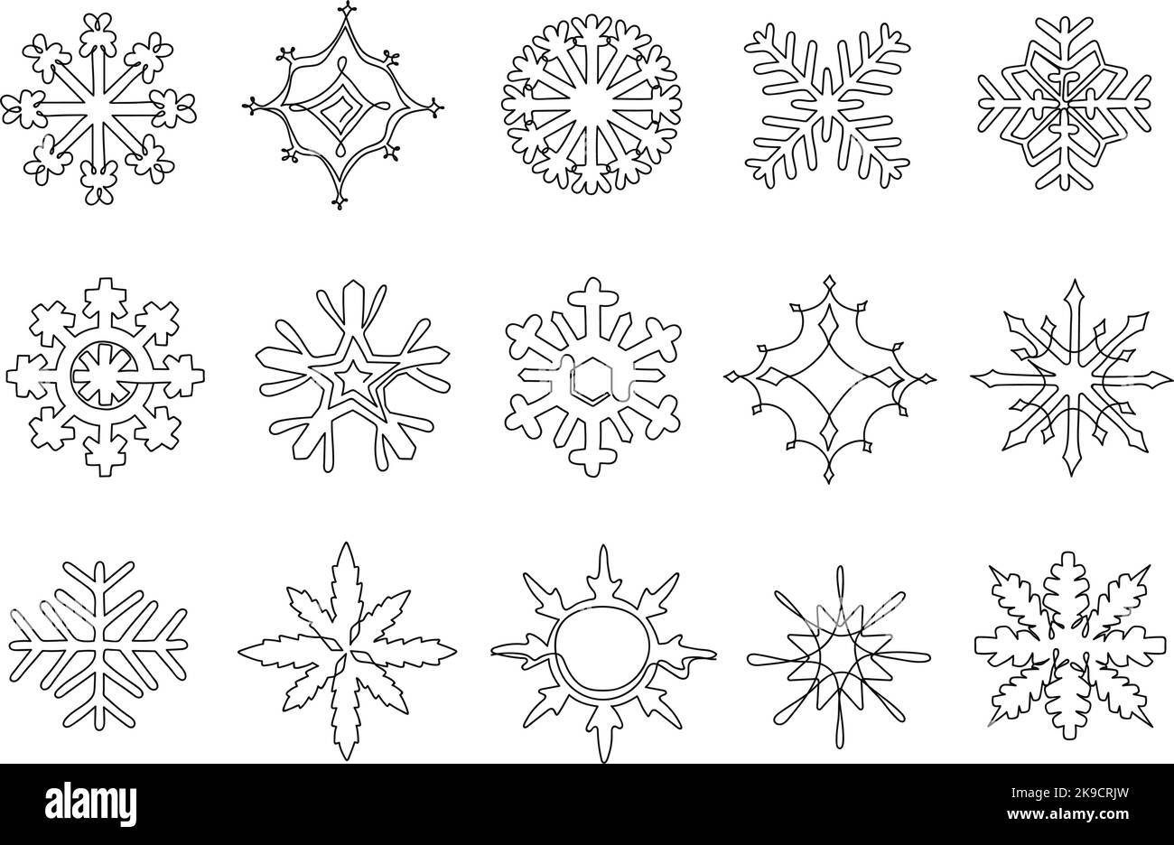 Continuous one line snowflakes. Hand drawn flake, winter holiday snow ...
