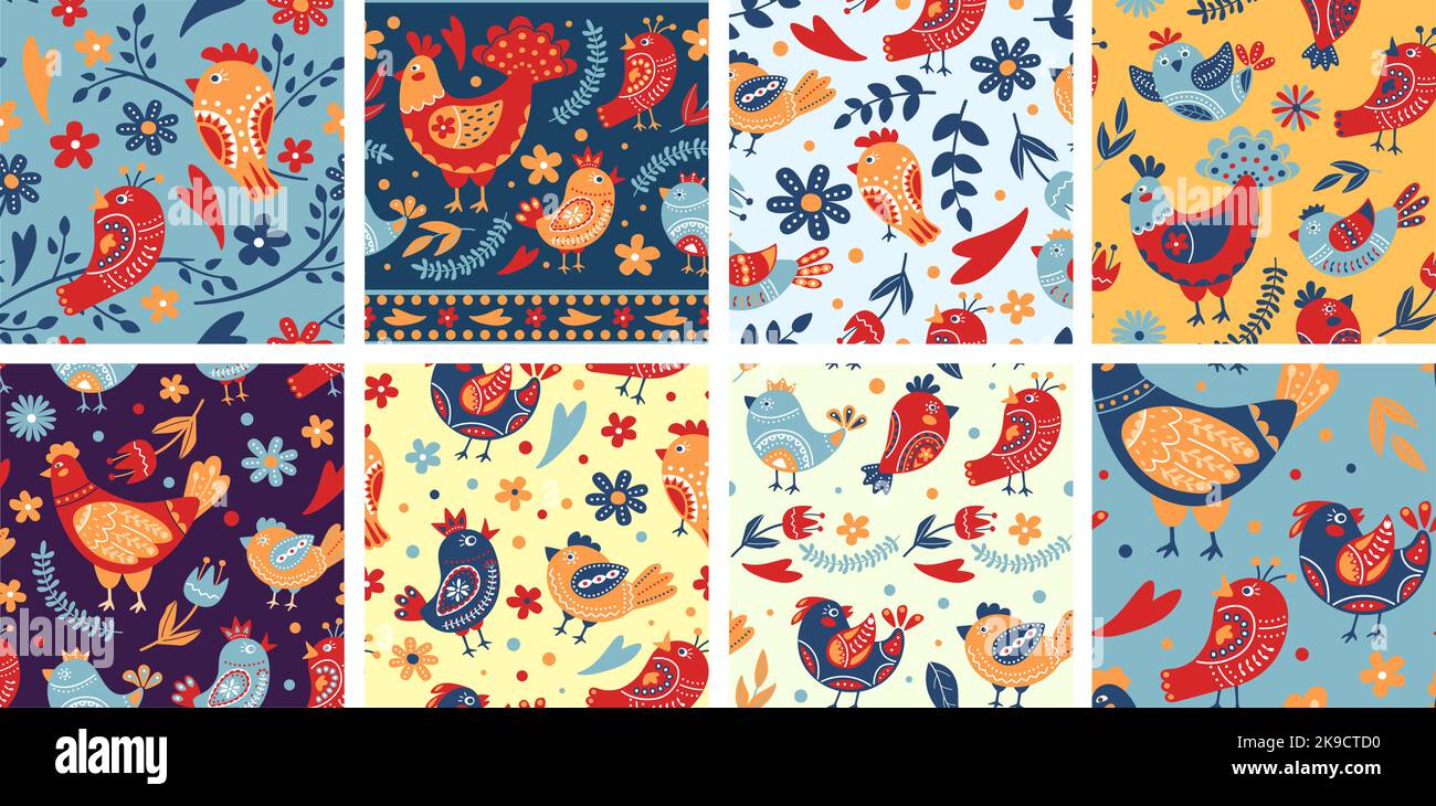 Folk birds patterns. Ethnic flowers ornament, colorful folklore bird ...