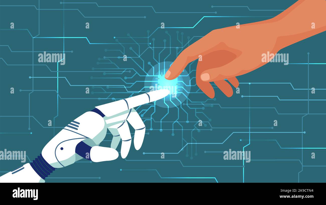 Creation of artificial intelligence. Humans and robots cooperation, AI give hand. Bionic arm ...