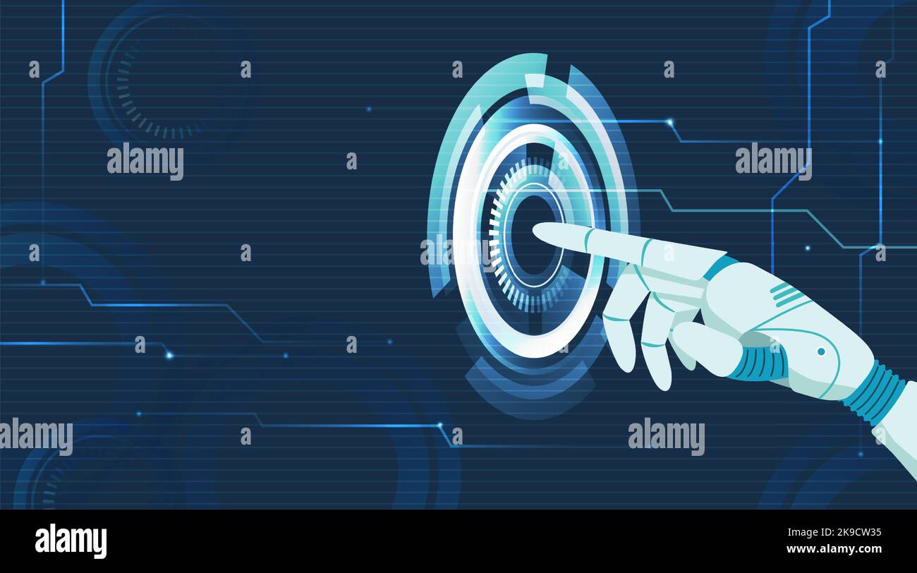 Artificial intelligence touching digital interface. Bionic hand pointing gesture to futuristic ...