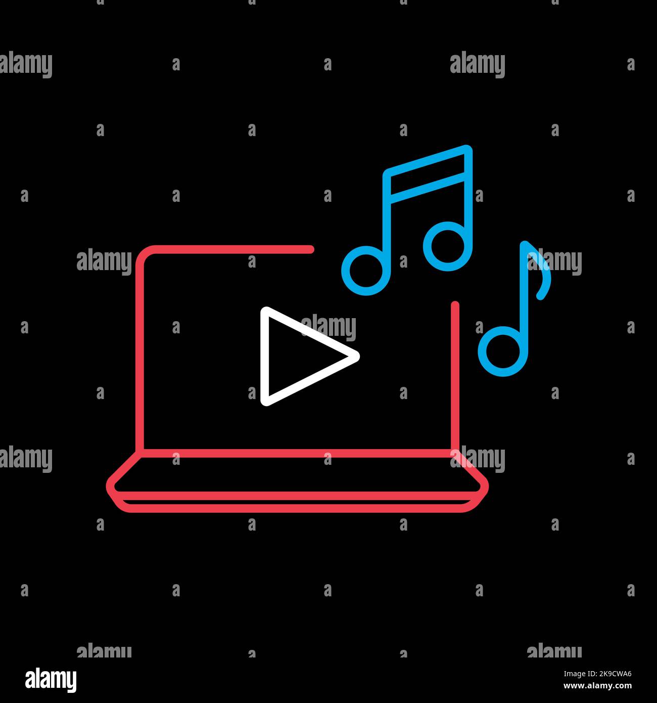 Listen to music on laptop vector on black background icon. Music sign ...